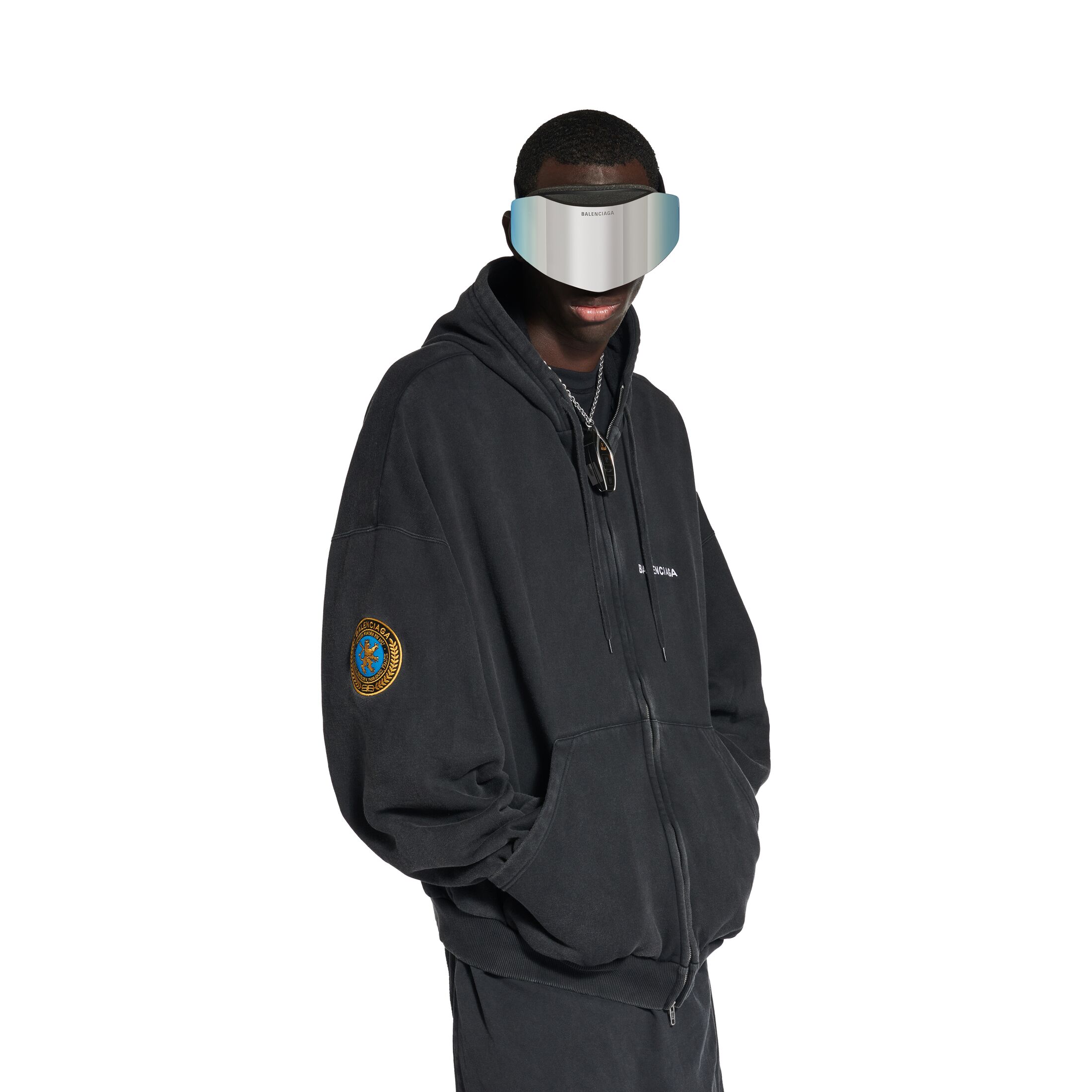Men's Uniform Patch Zip-up Hoodie Large Fit in Faded Black | Balenciaga AU